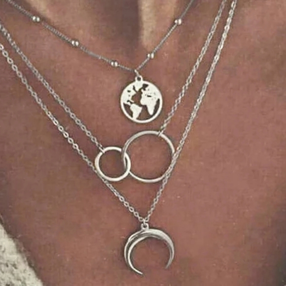 Jewelry | 2 For 2 Boho Layered World Map Moon Necklace | Poshmark
